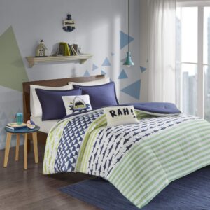 urban habitat kids 100% cotton comforter set-fun print and vibrant color modern design all season cozy bedding,matching shams,decorative pillow, full/queen,shark stripes green/navy with 2dec pillows