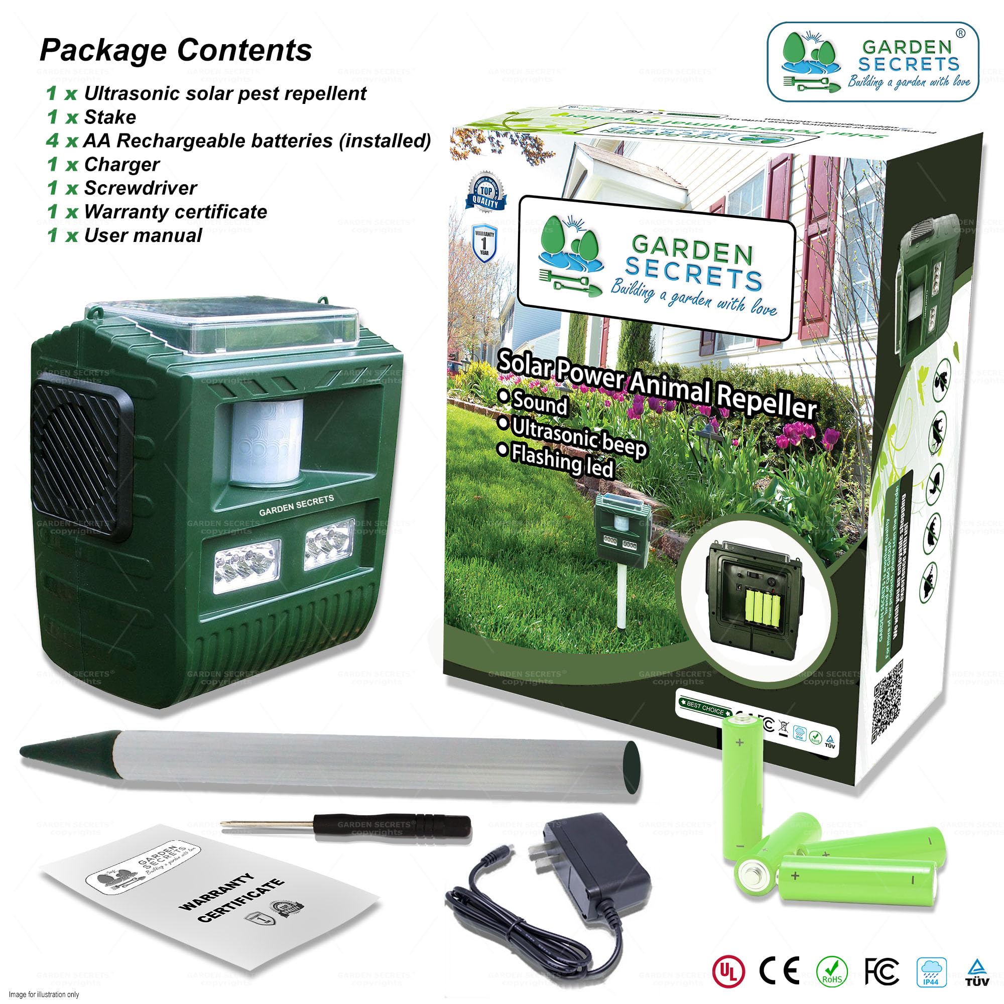 GARDEN SECRETS 3-in-1 Professional ULTRASONIC ANIMAL REPELLENT, Deer Raccoon Rabbit Skunk Possum Bear etc. deterrent, Keep the pests away from your property within 2-4 weeks, whole year full warranty!