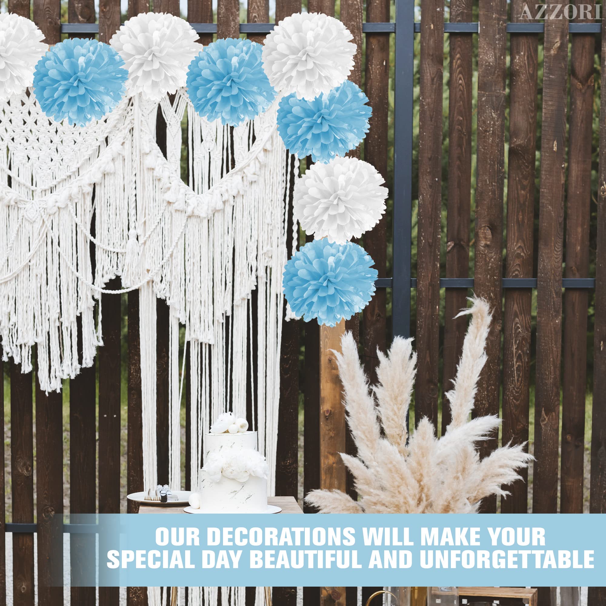 15Pcs Blue Pom Pom Decorations - Blue and White Pom Poms Flowers Decoration Blue Tissue Paper Lanterns Party Decorations - Light Blue Tissue Paper Flowers Decorations Birthday Decorations for Women