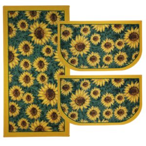 Kashi Home Kitchen Rug, Printed Area Rug, Durable Floor, Door Mat, Farmhouse Non-Slip Carpet Latex Backing Beautiful Design Sunflower 3pc Set (2 18x30 D Shape & 1 20x40)