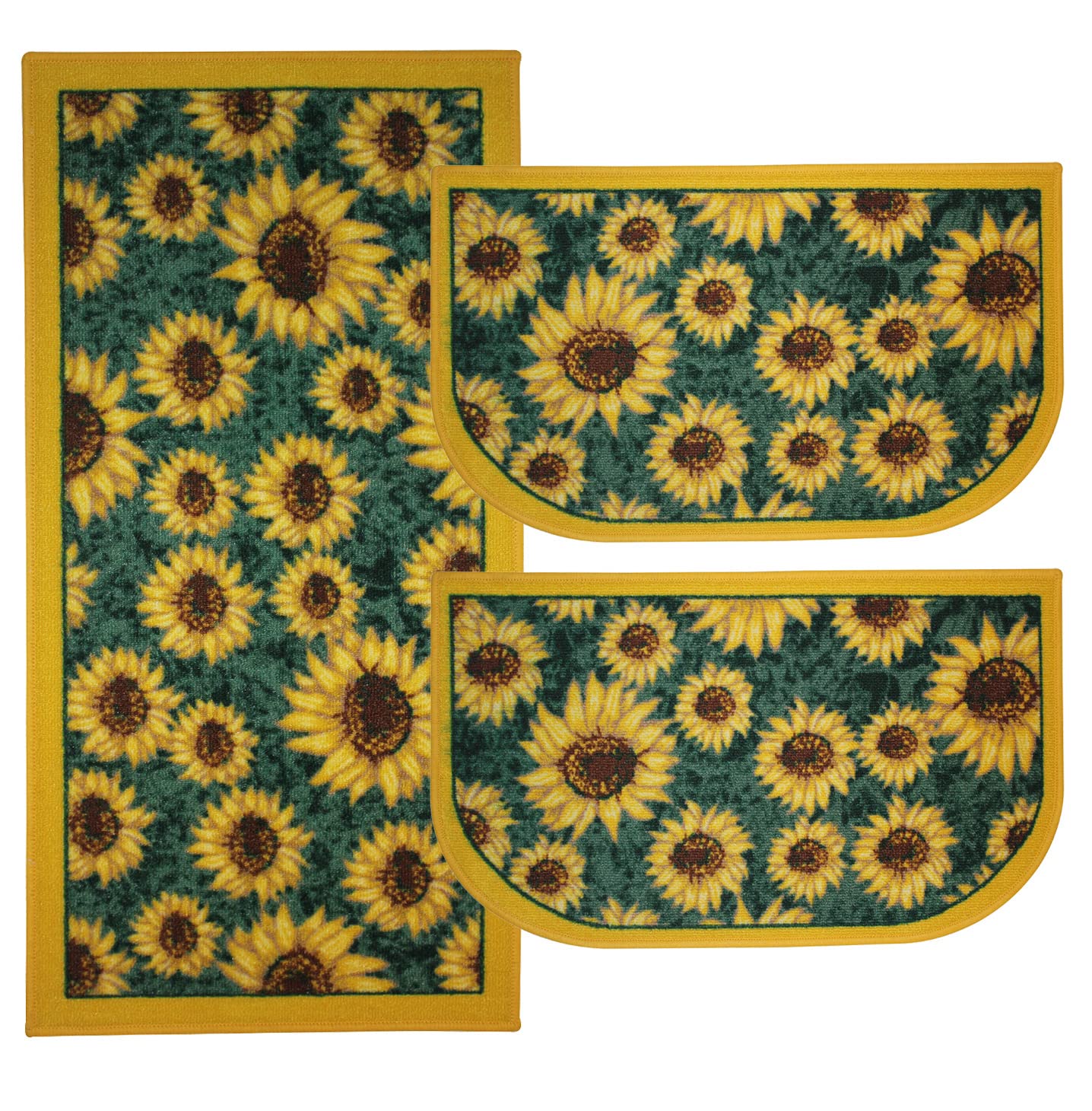 Kashi Home Kitchen Rug, Printed Area Rug, Durable Floor, Door Mat, Farmhouse Non-Slip Carpet Latex Backing Beautiful Design Sunflower 3pc Set (2 18x30 D Shape & 1 20x40)