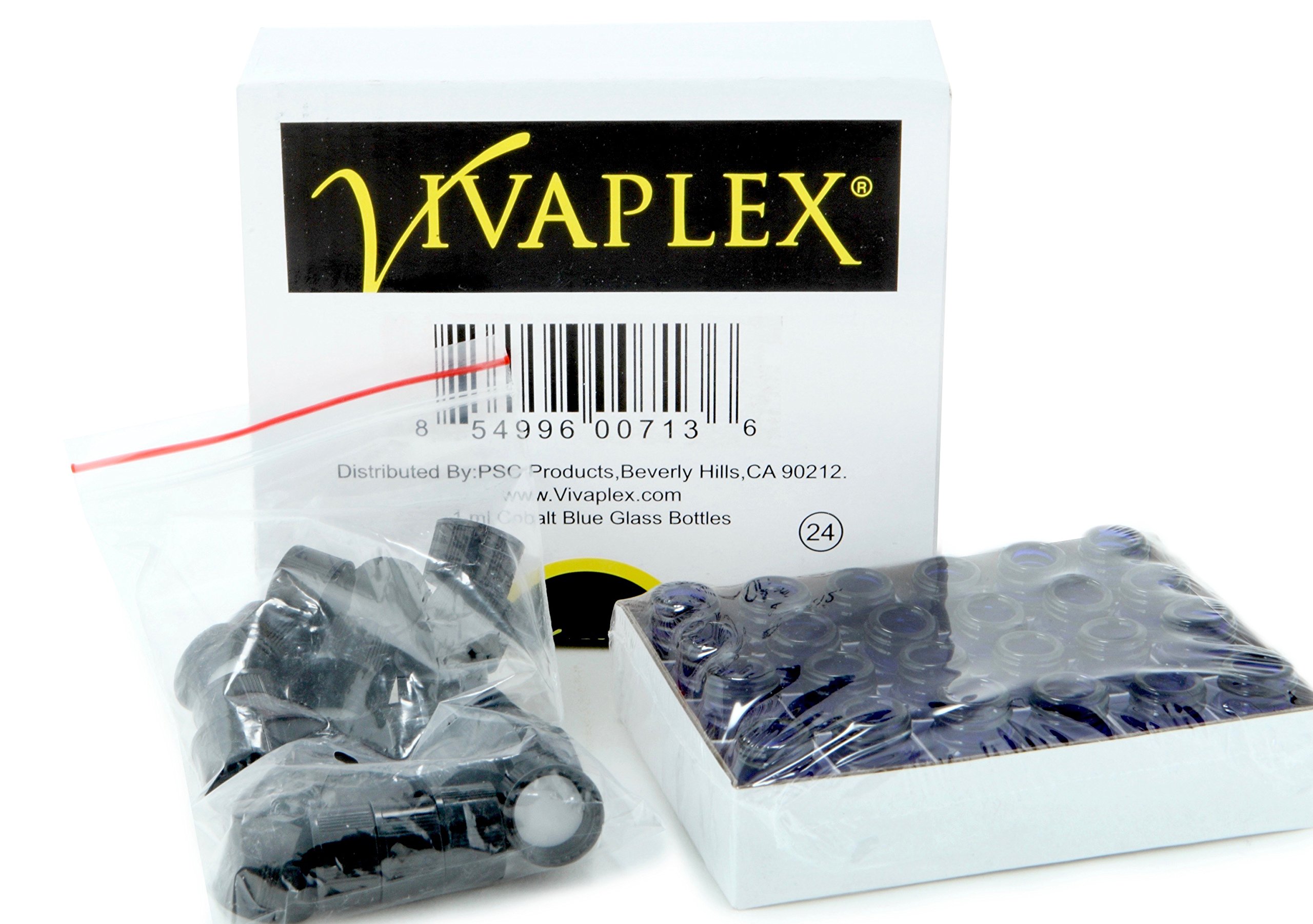 Vivaplex, 24, Cobalt Blue, 1 ml (1/4 Dram) Glass Bottles, with Orifice Reducers and Black Caps