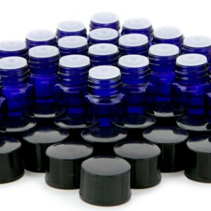 Vivaplex, 24, Cobalt Blue, 1 ml (1/4 Dram) Glass Bottles, with Orifice Reducers and Black Caps