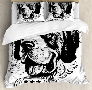 ambesonne man cave duvet cover set, vintage sketch of saint bernard rolling a keg of brandy whiskey stars retro, decorative 3 piece bedding set with 2 pillow shams, queen size, black