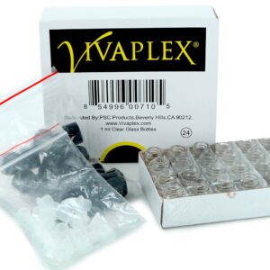 Vivaplex, 24, Clear, 1 ml (1/4 Dram) Glass Bottles, with Orifice Reducers and Black Caps