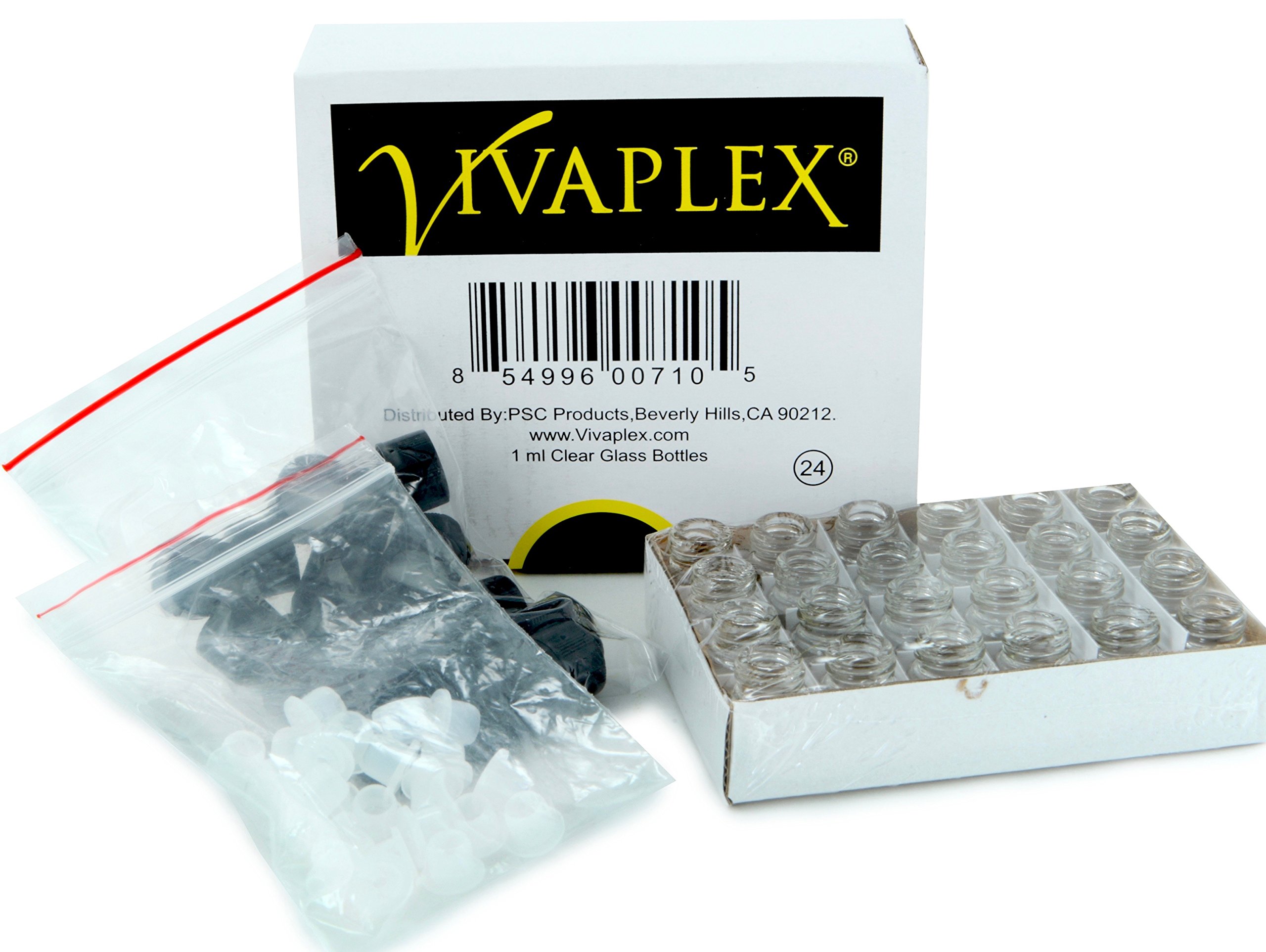 Vivaplex, 24, Clear, 1 ml (1/4 Dram) Glass Bottles, with Orifice Reducers and Black Caps