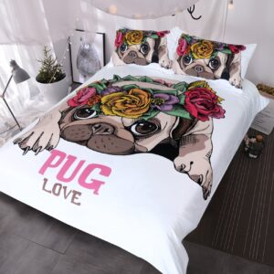 blessliving trendy puppy bedding love pug rose bed set sweet valentine's day gift kawaii duvet cover for dog lover (twin)