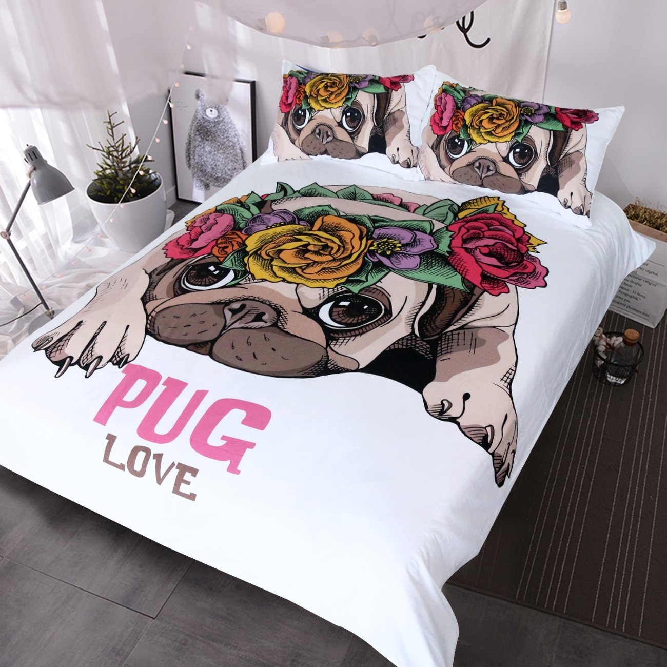 BlessLiving Trendy Puppy Bedding Love Pug Rose Bed Set Sweet Valentine's Day Gift Kawaii Duvet Cover for Dog Lover (Twin)