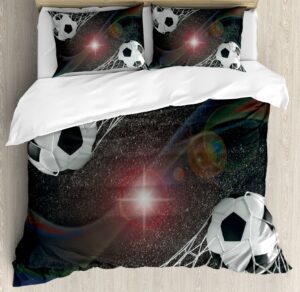 ambesonne teen room duvet cover set, soccer balls goal match success concept in the outer space winner glory theme, decorative 3 piece bedding set with 2 pillow shams, queen size, black magenta