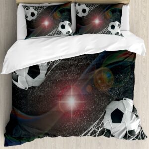 Ambesonne Teen Room Duvet Cover Set, Soccer Balls Goal Match Success Concept in The Outer Space Winner Glory Theme, Decorative 3 Piece Bedding Set with 2 Pillow Shams, Queen Size, Black Magenta