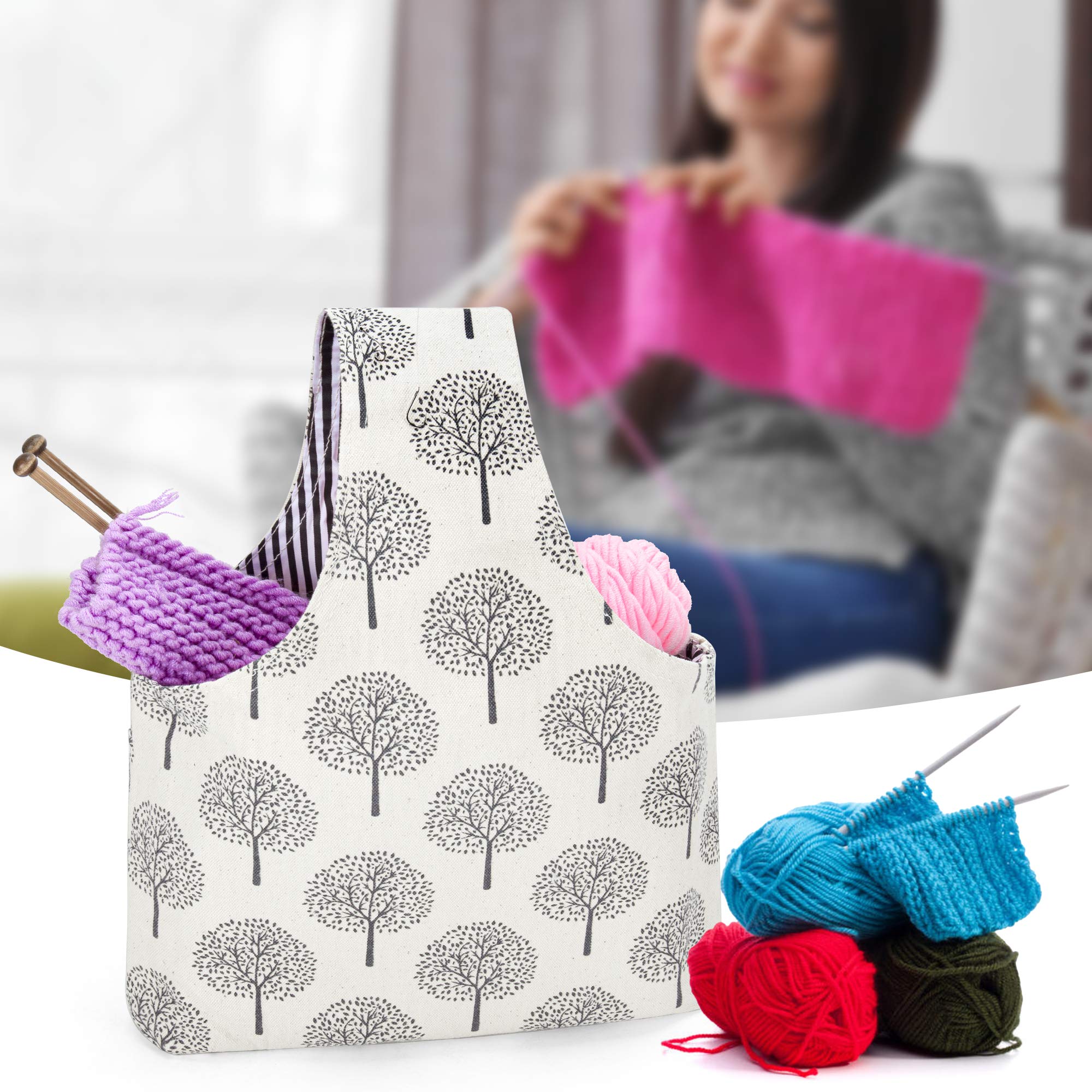 Teamoy Knitting Tote Bag(L12.2 x W7.5), Travel Project Wrist Bag for Knitting Needles(up to 11 Inches), Yarn and Crochet Supplies,Perfect Size for Knitting on The Go (Small, Tree)