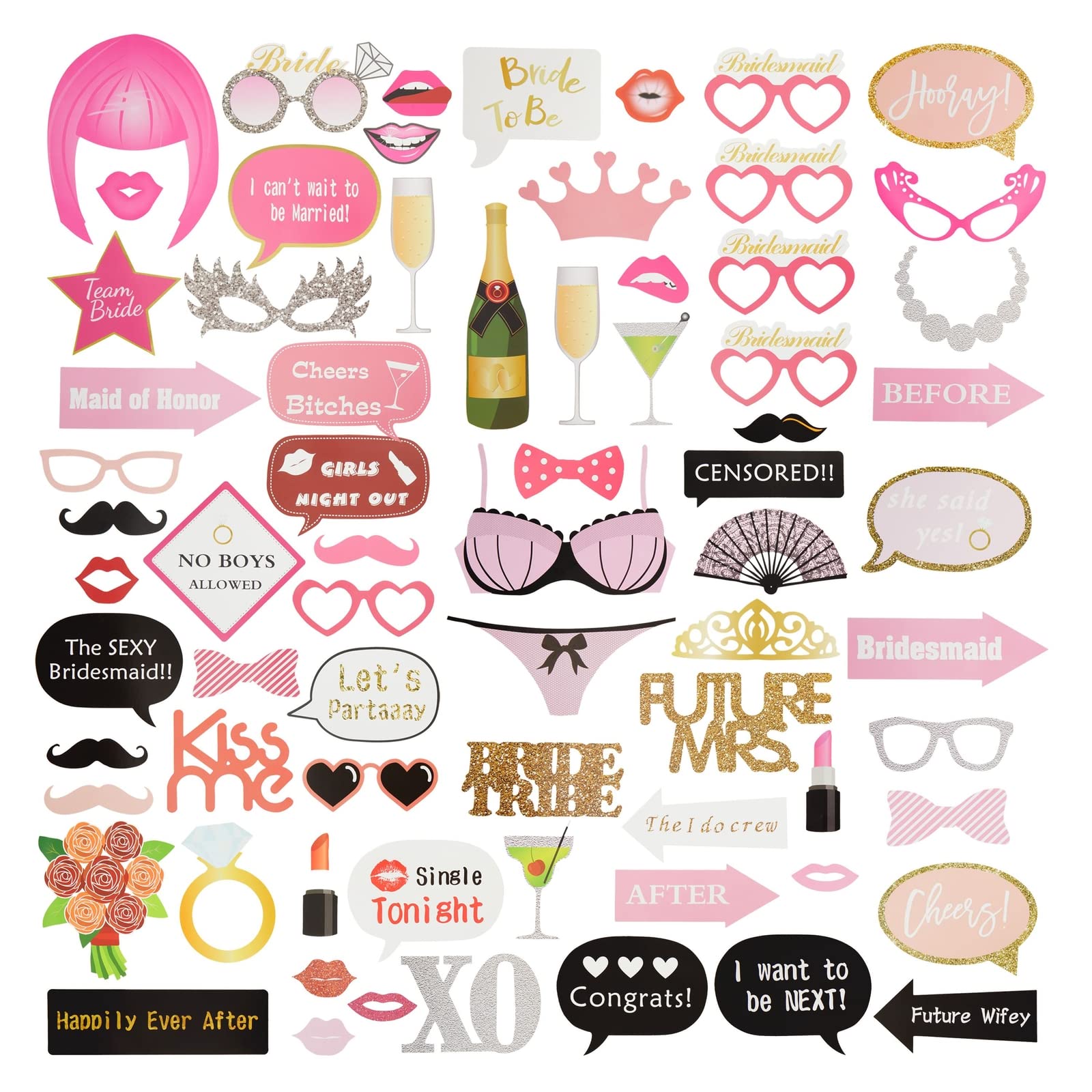 Juvale 72 Pieces Bachelorette Photo Booth Props and Signs for Bridal Party Selfies and Decorations, Assorted Designs