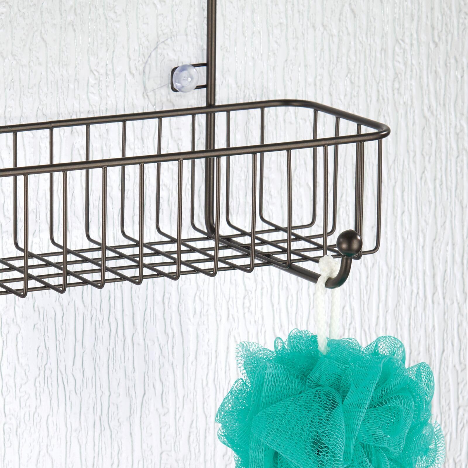 mDesign Extra Wide Metal Wire Over The Bathroom Shower Door Caddy, Hanging Storage Organizer Center with Built-in Hooks and Baskets on 2 Levels for Shampoo, Body Wash, Loofahs - Bronze