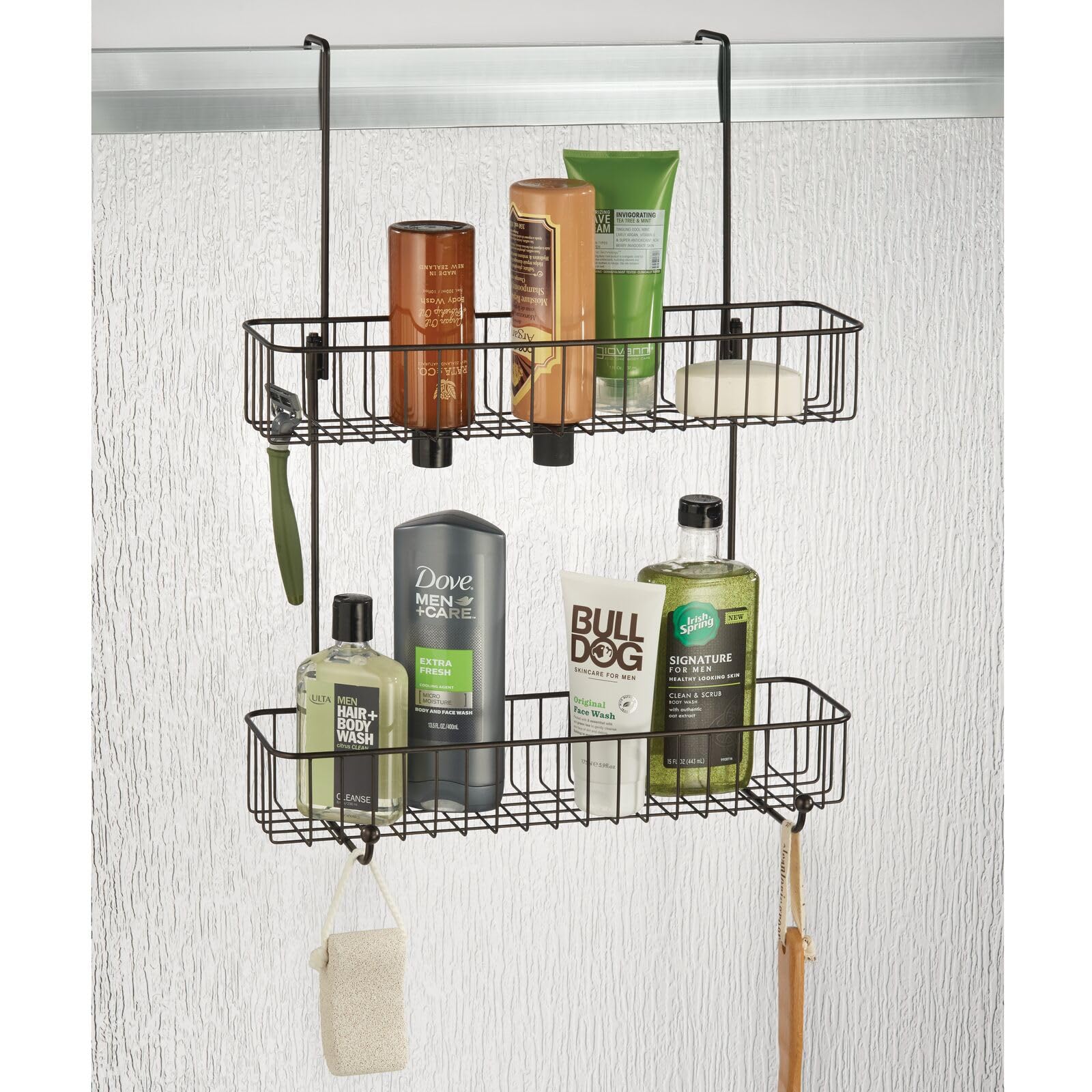 mDesign Extra Wide Metal Wire Over The Bathroom Shower Door Caddy, Hanging Storage Organizer Center with Built-in Hooks and Baskets on 2 Levels for Shampoo, Body Wash, Loofahs - Bronze