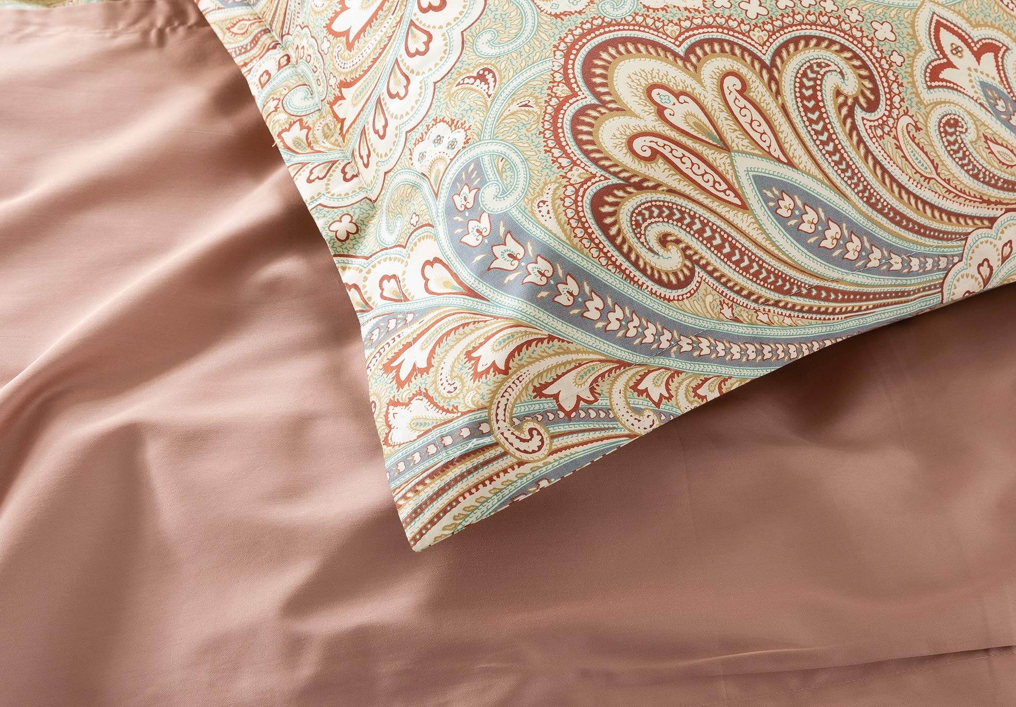 Eikei Boho Paisley Print Luxury Duvet Quilt Cover and Shams 3pc Bedding Set Bohemian Damask Medallion 350TC Egyptian Cotton Sateen (Rust, Queen)