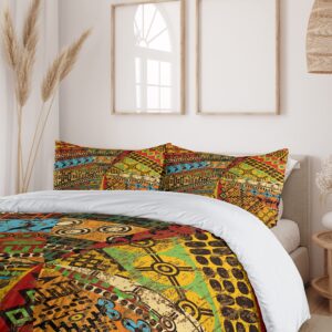 Ambesonne African Duvet Cover Set, Grunge Collage Motifs Traditional Art Ornate Geometric, Decorative 3 Piece Bedding Set with 2 Pillow Shams, Queen Size, Yellow Orange