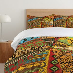 Ambesonne African Duvet Cover Set, Grunge Collage Motifs Traditional Art Ornate Geometric, Decorative 3 Piece Bedding Set with 2 Pillow Shams, Queen Size, Yellow Orange