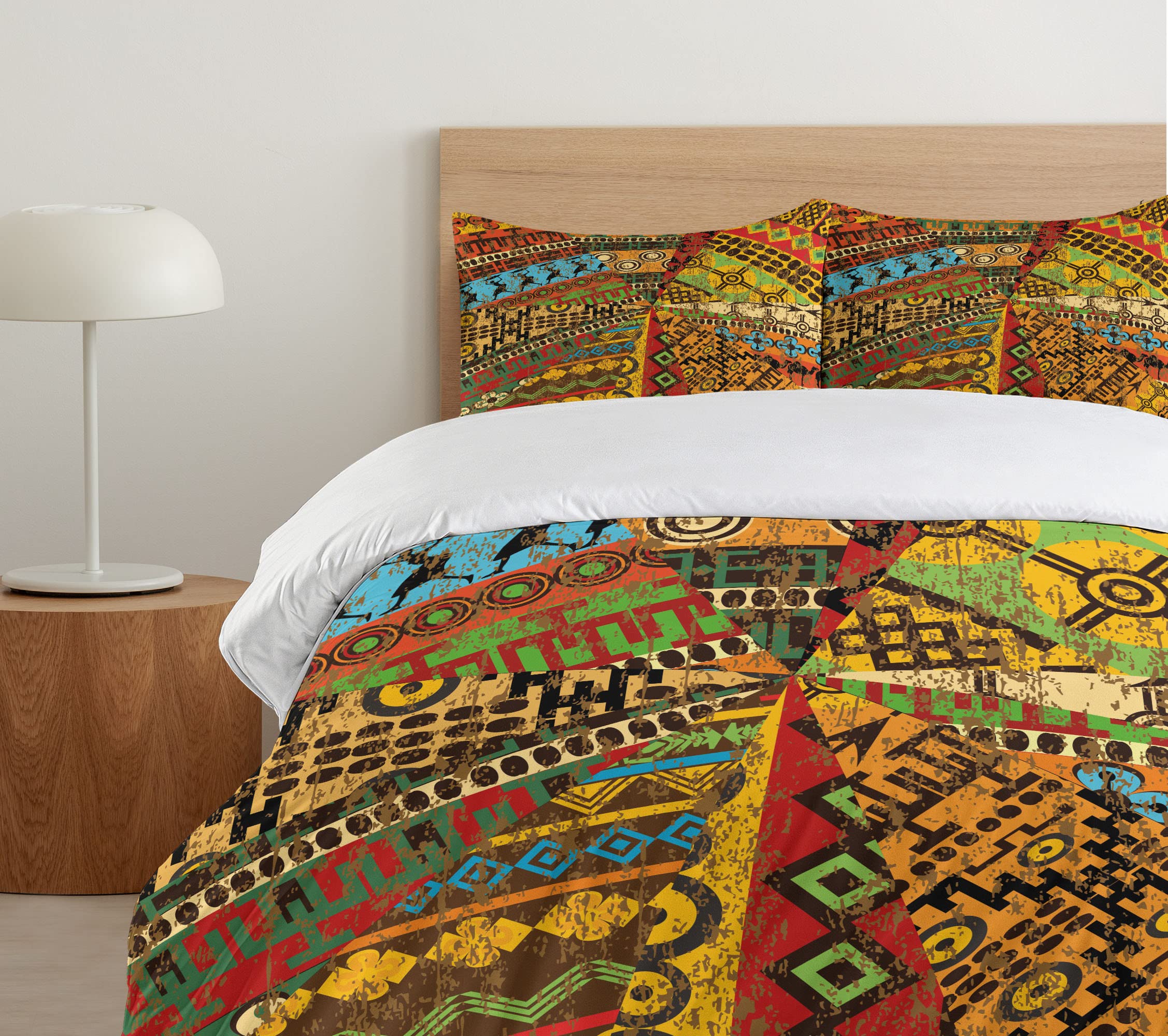 Ambesonne African Duvet Cover Set, Grunge Collage Motifs Traditional Art Ornate Geometric, Decorative 3 Piece Bedding Set with 2 Pillow Shams, Queen Size, Yellow Orange