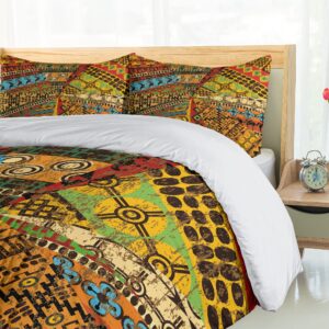 Ambesonne African Duvet Cover Set, Grunge Collage Motifs Traditional Art Ornate Geometric, Decorative 3 Piece Bedding Set with 2 Pillow Shams, Queen Size, Yellow Orange