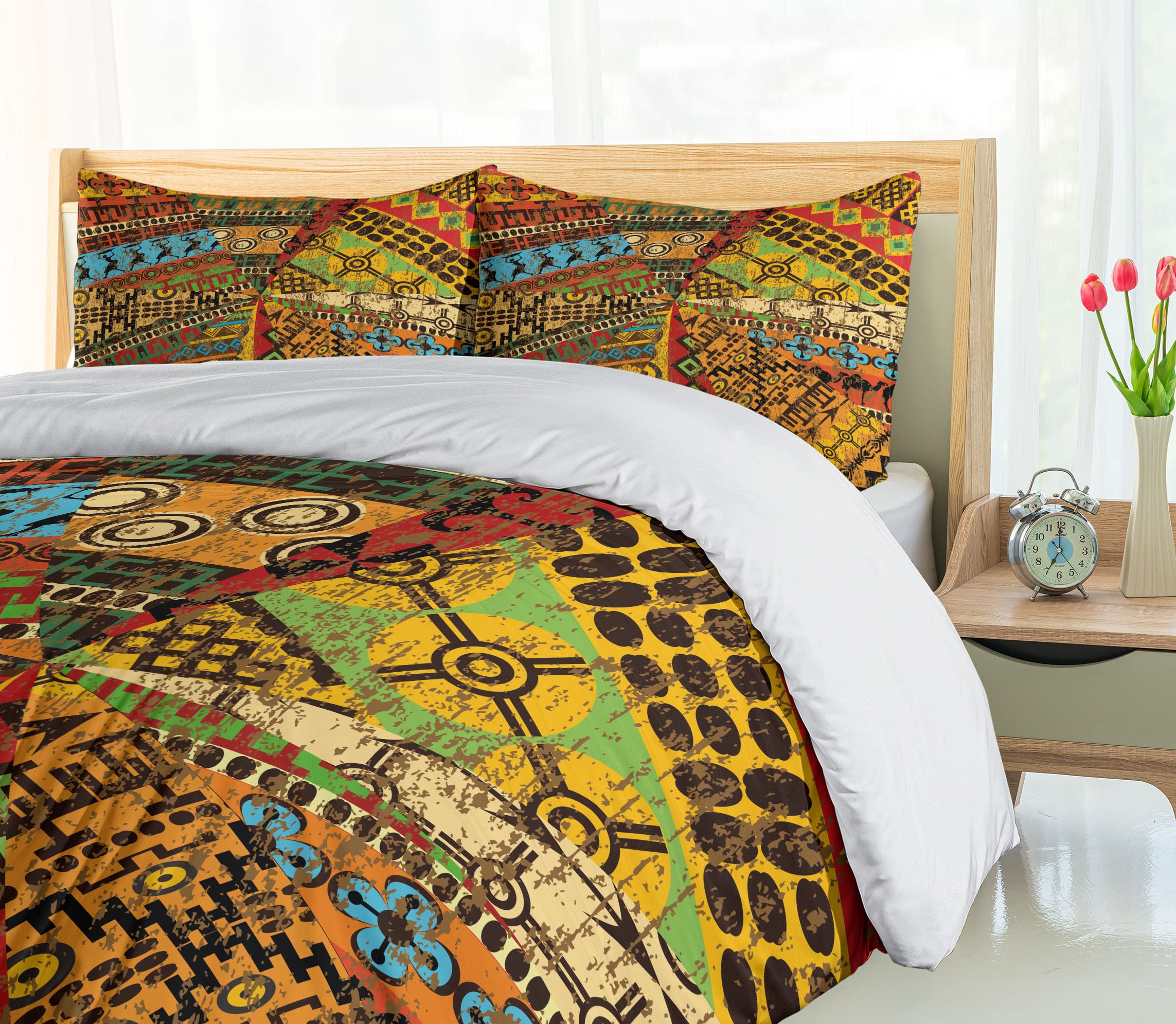 Ambesonne African Duvet Cover Set, Grunge Collage Motifs Traditional Art Ornate Geometric, Decorative 3 Piece Bedding Set with 2 Pillow Shams, Queen Size, Yellow Orange