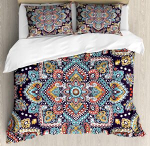 ambesonne ethnic duvet cover set, bohemian style motif vintage oriental inspired traditional art, decorative 3 piece bedding set with 2 pillow shams, queen size, navy teal