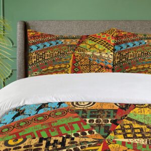 Ambesonne African Duvet Cover Set, Grunge Collage Motifs Traditional Art Ornate Geometric, Decorative 3 Piece Bedding Set with 2 Pillow Shams, Queen Size, Yellow Orange