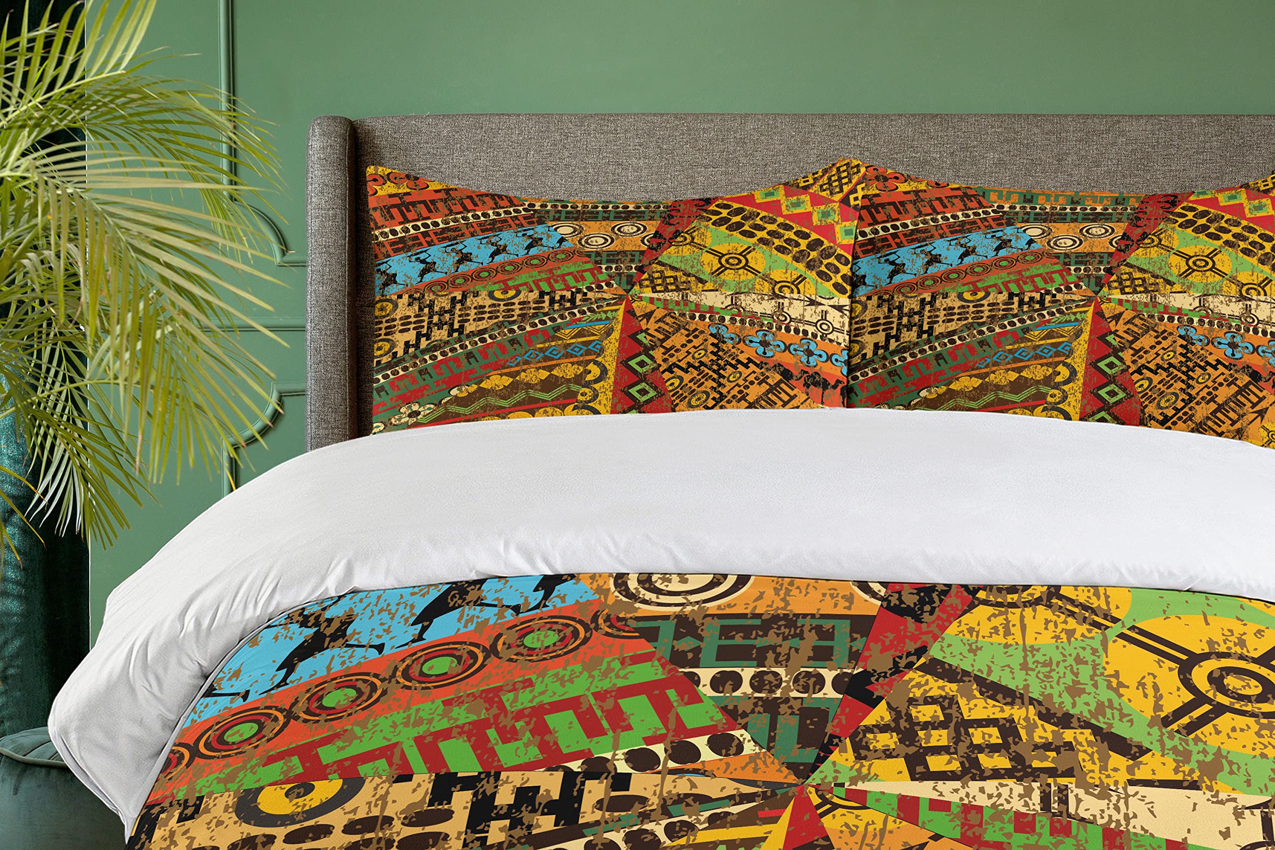 Ambesonne African Duvet Cover Set, Grunge Collage Motifs Traditional Art Ornate Geometric, Decorative 3 Piece Bedding Set with 2 Pillow Shams, Queen Size, Yellow Orange