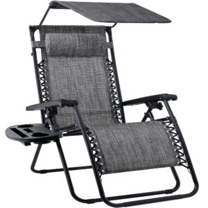 best choice products folding zero gravity outdoor recliner patio lounge chair w/adjustable canopy shade, headrest, side accessory tray, textilene mesh - gray