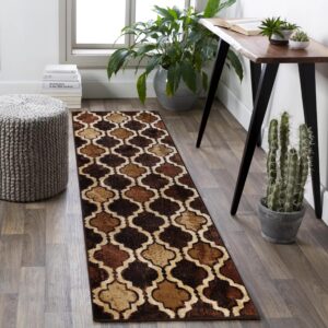 superior indoor area runner, jute backed, perfect for hallway, living/ dining room, bedroom, office, kitchen, entryway, modern geometric trellis floor decor, viking collection, 2' 7" x 8', coffee