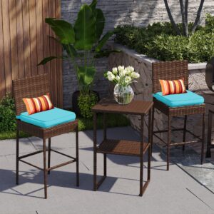 Sundale Outdoor Bar Stools 30 Inch Seat Height Set of 2, Patio Wicker Counter Stools with Back Rest, High Brown Rattan Chair with Pillow & Beige Cushion, All-Weather Armless Tall Pub Barstool