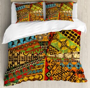 ambesonne african duvet cover set, grunge collage motifs traditional art ornate geometric, decorative 3 piece bedding set with 2 pillow shams, queen size, yellow orange