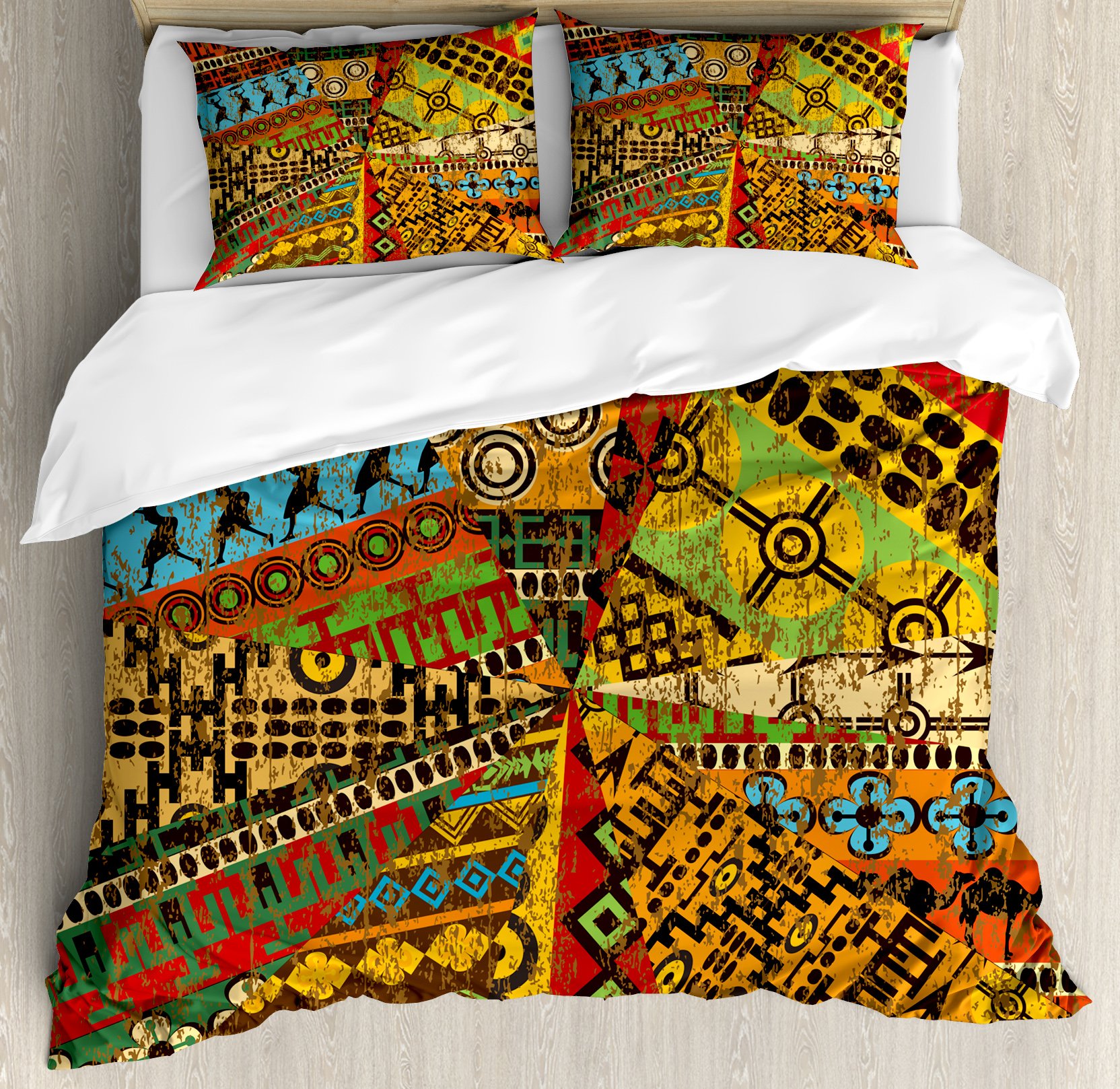 Ambesonne African Duvet Cover Set, Grunge Collage Motifs Traditional Art Ornate Geometric, Decorative 3 Piece Bedding Set with 2 Pillow Shams, Queen Size, Yellow Orange