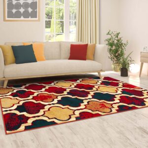 superior indoor large area rug, jute backed, perfect for living/ dining room, bedroom, office, kitchen, entryway, modern geometric trellis floor decor, viking collection, 5' x 8', red blue