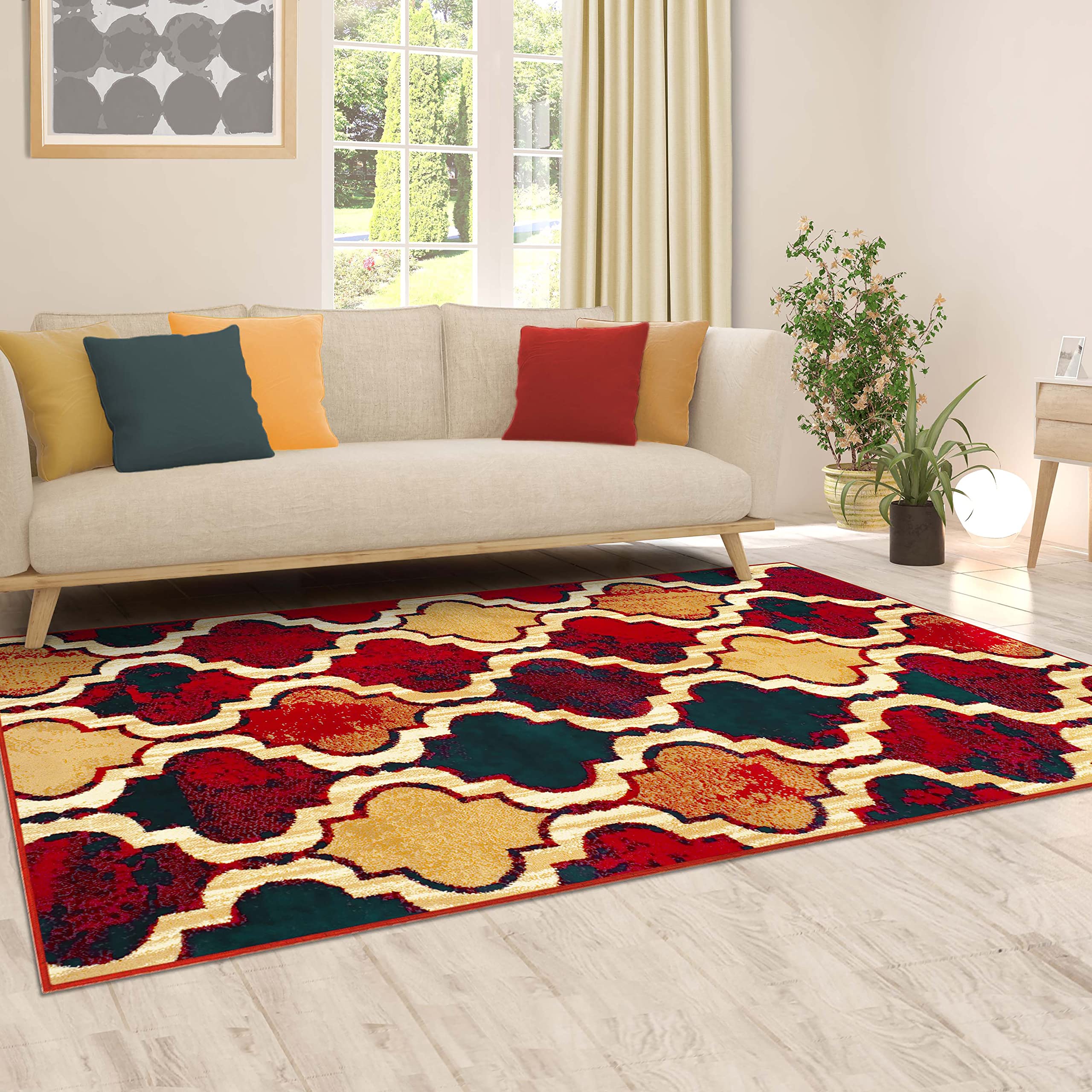 Superior Indoor Large Area Rug, Jute Backed, Perfect for Living/ Dining Room, Bedroom, Office, Kitchen, Entryway, Modern Geometric Trellis Floor Decor, Viking Collection, 5' x 8', Red Blue