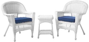 jeco 3 piece wicker end table set with with blue chair cushion, white