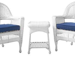 Jeco 3 Piece Wicker End Table Set with with Blue Chair Cushion, White