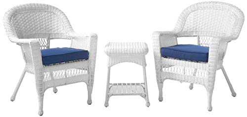 Jeco 3 Piece Wicker End Table Set with with Blue Chair Cushion, White