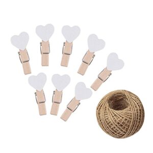 100 pcs white mini wooden heart clothespins 3.5 cm with spring wooden photo paper pegs craft clips for wedding party decor with 100 feet jute twine