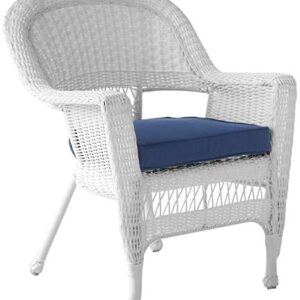 Jeco 3 Piece Wicker End Table Set with with Blue Chair Cushion, White