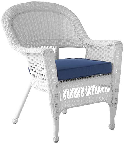 Jeco 3 Piece Wicker End Table Set with with Blue Chair Cushion, White