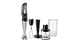 braun 4-in-1 immersion hand blender, powerful 400w stainless steel stick blender, variable speed + 1.5-cup food processor, masher, whisk, beaker, easy to clean, multiquick mq727