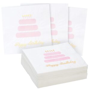 blue panda 50 pack light pink happy birthday cocktail napkins for women with gold foil accents, 3-ply (5 x 5 inches)