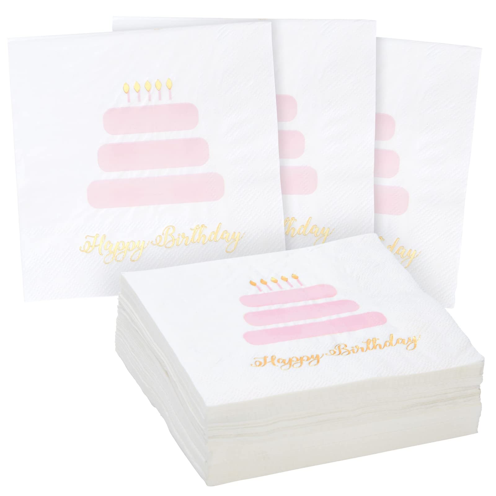 BLUE PANDA 50 Pack Light Pink Happy Birthday Cocktail Napkins for Women with Gold Foil Accents, 3-Ply (5 x 5 Inches)