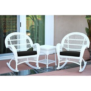 Jeco 3 Piece Santa Maria Rocker Wicker Chair Set with Black Cushions, White