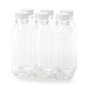 (6) 16 oz. Clear Food Grade Square Plastic Juice Bottles with White Tamper Evident Caps 6/pack