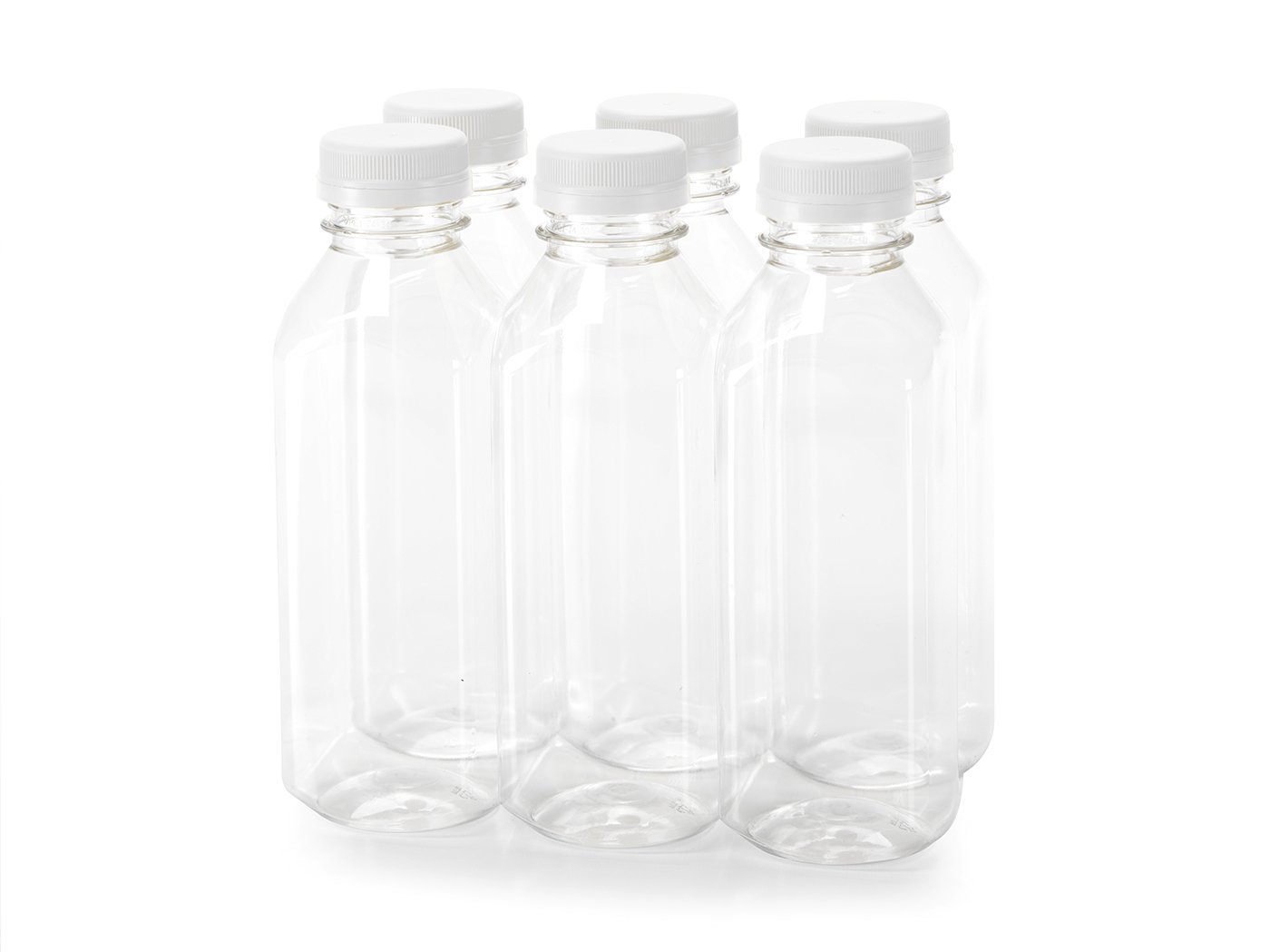 (6) 16 oz. Clear Food Grade Square Plastic Juice Bottles with White Tamper Evident Caps 6/pack