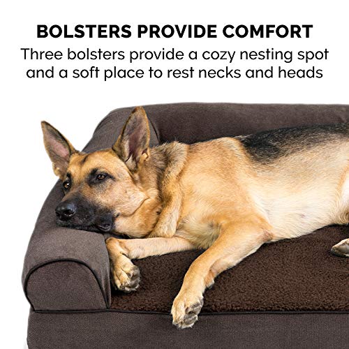 Furhaven Cooling Gel Dog Bed for Large Dogs w/ Removable Bolsters & Washable Cover, For Dogs Up to 95 lbs - Sherpa & Chenille Sofa - Coffee, Jumbo/XL