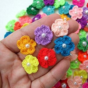 ICRAFY 's Brand 20 Pcs. Assorted Tiny Crochet Flower with Pearl Fabric Cotton Satin Craft Sewing Appliques DIY Diameter 12 mm.