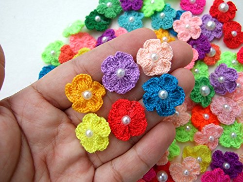 ICRAFY 's Brand 20 Pcs. Assorted Tiny Crochet Flower with Pearl Fabric Cotton Satin Craft Sewing Appliques DIY Diameter 12 mm.