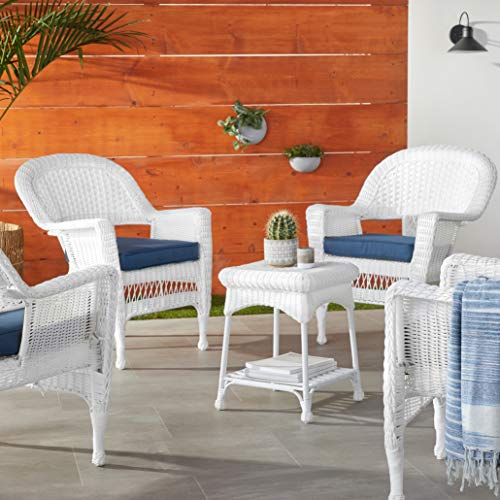 Jeco 3 Piece Wicker End Table Set with with Blue Chair Cushion, White